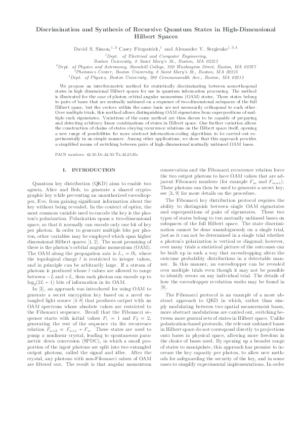 Pdf Discrimination And Synthesis Of Recursive Quantum States In High Dimensional Hilbert Spaces