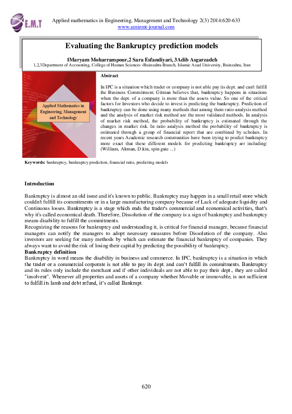 (PDF) Evaluating the Bankruptcy prediction models
