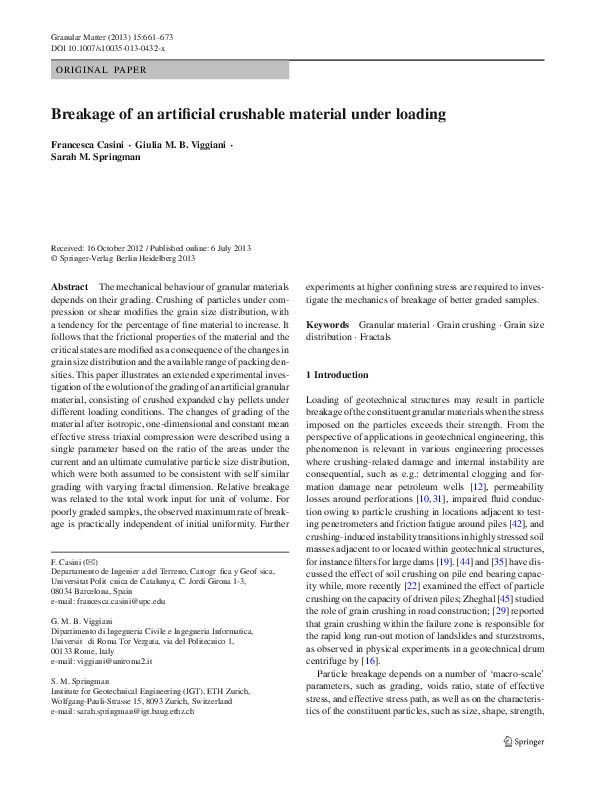 (PDF) Breakage of an artificial crushable material under loading