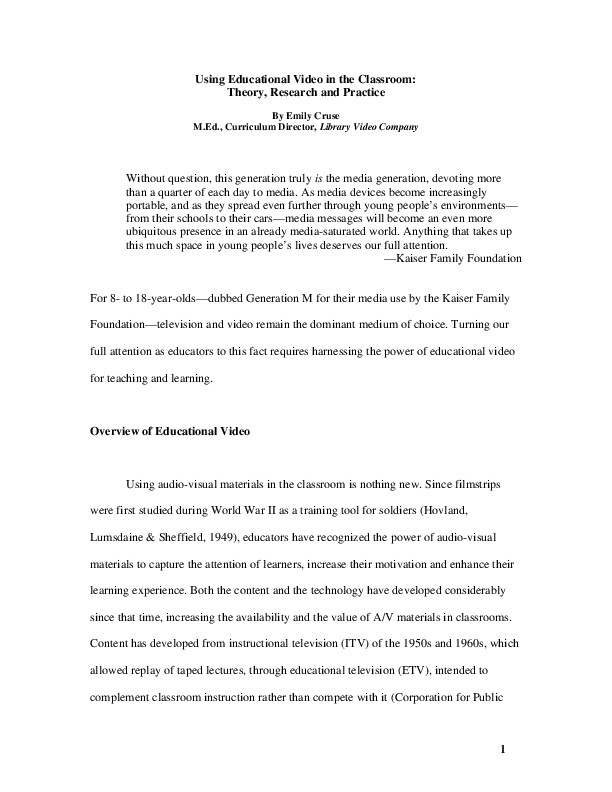 (PDF) Using Educational Video in the Classroom: Theory, Research and ...