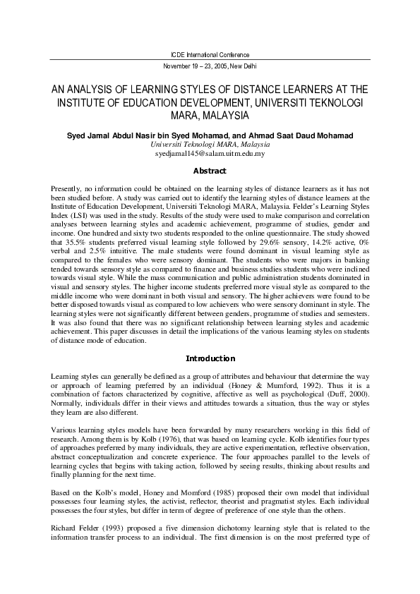 (PDF) AN ANALYSIS OF LEARNING STYLES OF DISTANCE LEARNERS AT THE ...