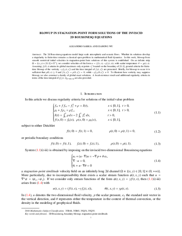 Pdf Blowup In Stagnation Point Form Solutions Of The Inviscid 2d Boussinesq Equations