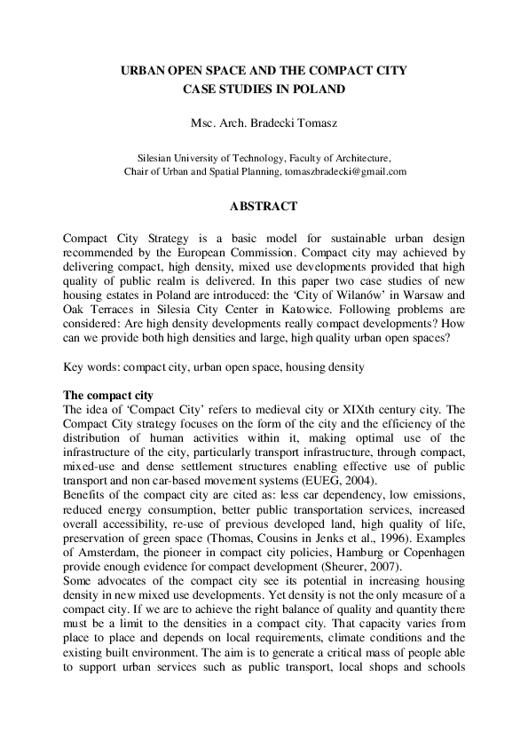 (PDF) URBAN OPEN SPACE AND THE COMPACT CITY CASE STUDIES IN POLAND