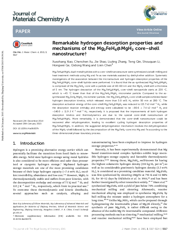 (PDF) Remarkable Hydrogen Desorption Properties and Mechanisms for Mg2FeH6@MgH2 Core-Shell ...