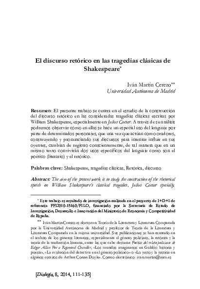 (PDF) "El discurso retórico en las tragedias clásicas de Shakespeare"