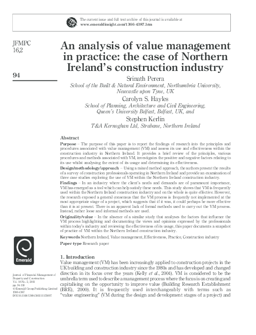 (PDF) An analysis of value management in practice: the case of Northern ...