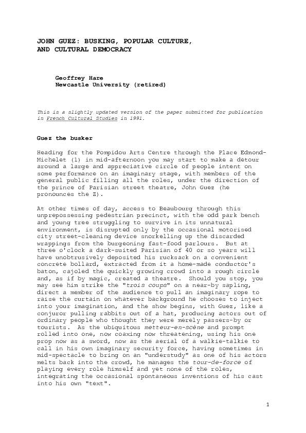 (PDF) ‘John Guez: busking, popular culture and cultural democracy’,