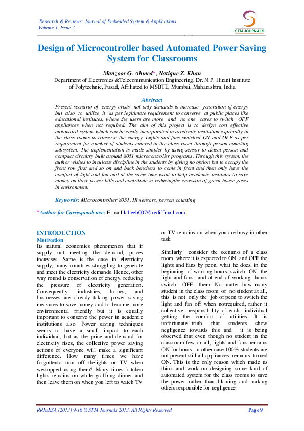 Pdf Design Of Microcontroller Based Automated Power Saving System For Classrooms