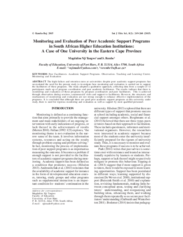 Pdf Monitoring And Evaluation Of Peer Academic Support Programs