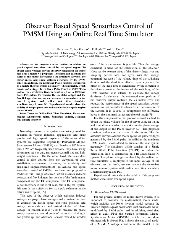 Pdf Observer Based Speed Sensorless Control Of Pmsm Using An Online