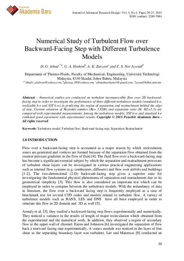 (PDF) Numerical Study of Turbulent Flow over Backward-Facing Step with Different Turbulence Models