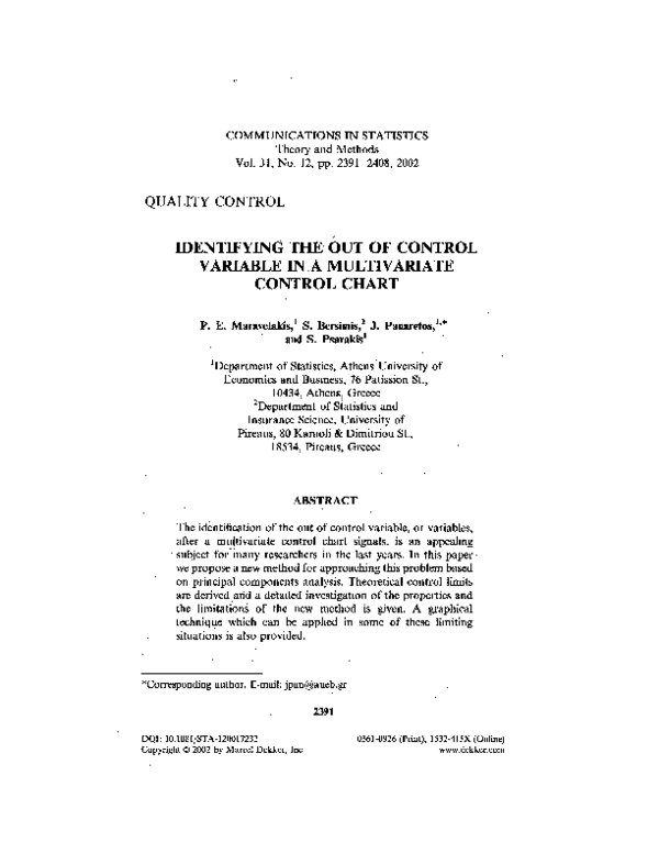 Identifying the out of Control Variable in a Multivariate Control Chart