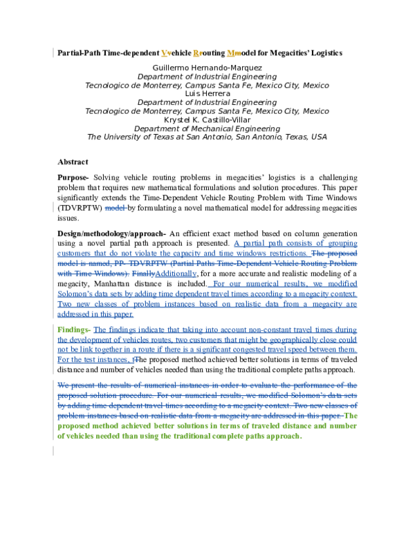 Doc Partial Path Time Dependent Vehicle Routing Model For Megacities Logistics