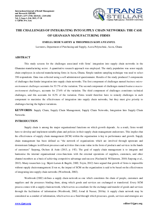 (PDF) THE CHALLENGES OF INTEGRATING INTO SUPPLY CHAIN NETWORKS: THE ... (PDF) THE CHALLENGES OF INTEGRATING INTO SUPPLY CHAIN NETWORKS: THE ...