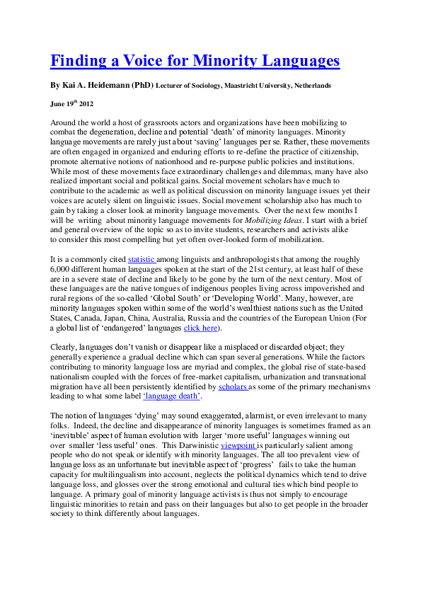 (PDF) Finding a Voice for Minority Languages