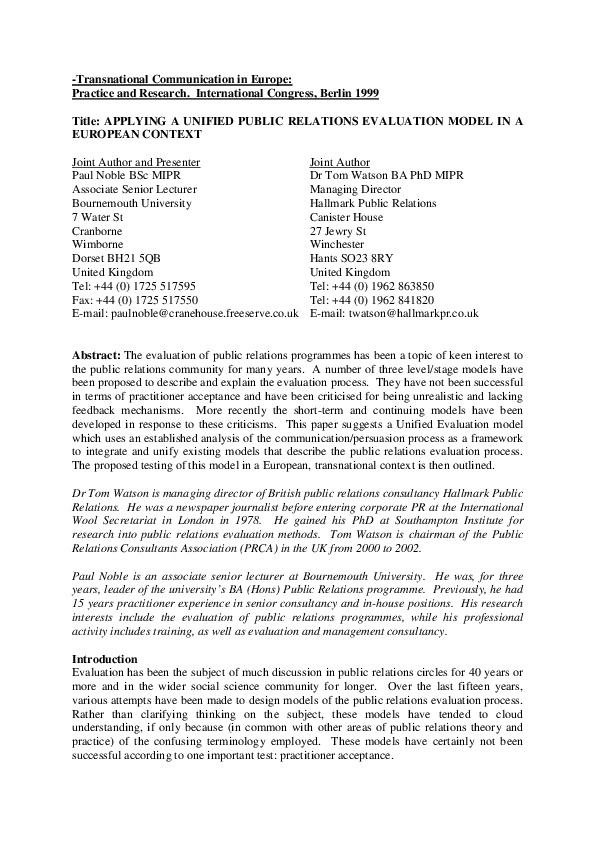 (PDF) APPLYING A UNIFIED PUBLIC RELATIONS EVALUATION MODEL IN A ...
