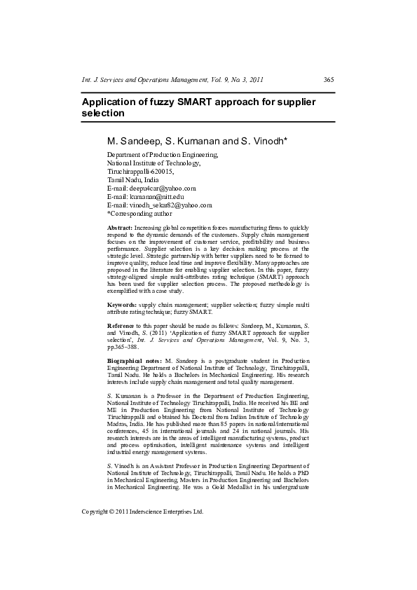 Application Of Fuzzy Smart Approach For Supplier Selection