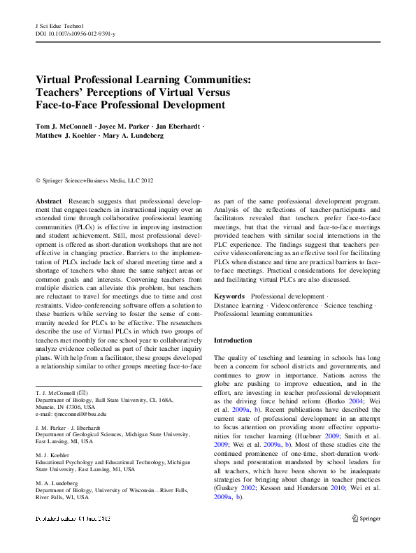 (PDF) Virtual Professional Learning Communities: Teachers’ Perceptions of Virtual Versus Face-to ...
