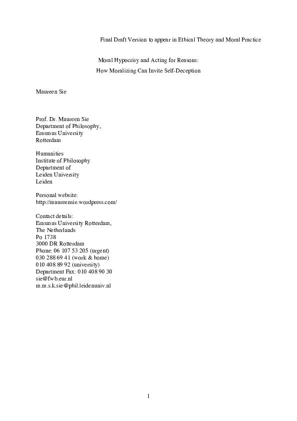 (PDF) Moral Hypocrisy and Acting for Reasons: How Moralizing Can Invite ...