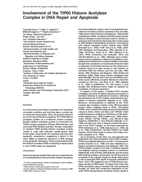 (PDF) Cell. Involvement of the TIP60 Histone Acetylase Complex in DNA ...