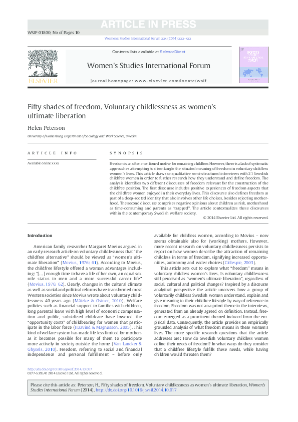 (PDF) Fifty shades of freedom. Voluntary childlessness as women's ...
