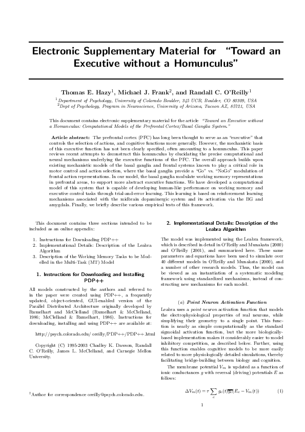 (PDF) Toward an Executive without a Homunculus: Computational Models of the Prefrontal Cortex ...