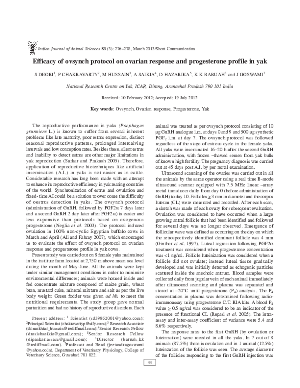 (PDF) Efficacy of ovsynch protocol on ovarian response and progesterone profile in yak