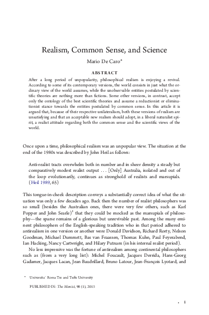 (PDF) Realism, Common Sense, and Science