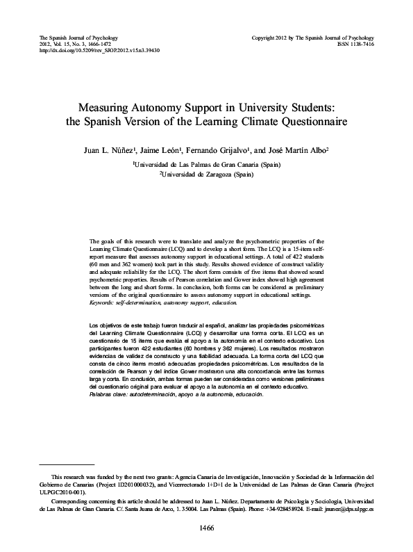 Measuring Autonomy Support in University Students: the Spanish Version ...