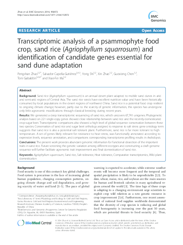 (PDF) Transcriptomic analysis of a psammophyte food crop, sand rice ...