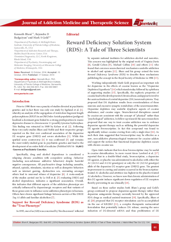 (PDF) Reward Deficiency Solution System (RDS): A Tale of Three Scientists