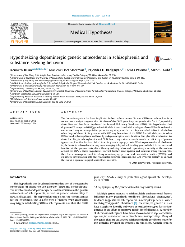(PDF) Hypothesizing dopaminergic genetic antecedents in schizophrenia and substance seeking behavior