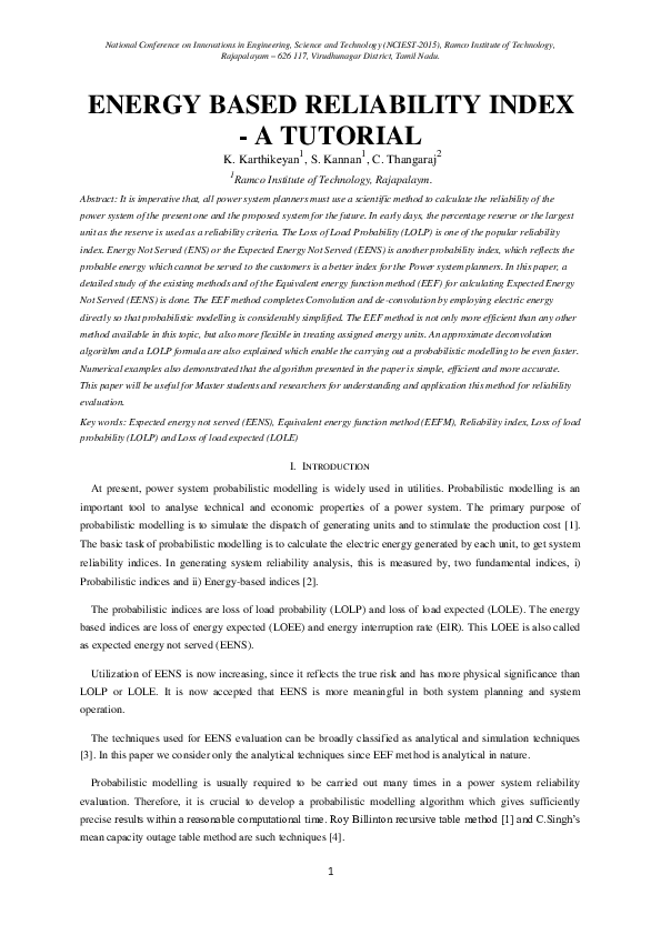 (PDF) ENERGY BASED RELIABILITY INDEX - A TUTORIAL