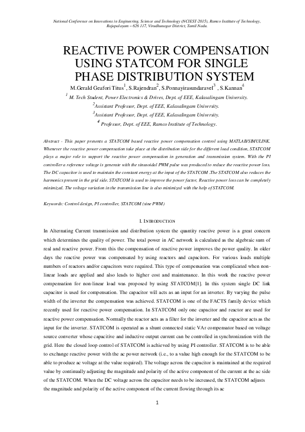 Pdf Reactive Power Compensation Using Statcom For Single Phase Distribution System 8544