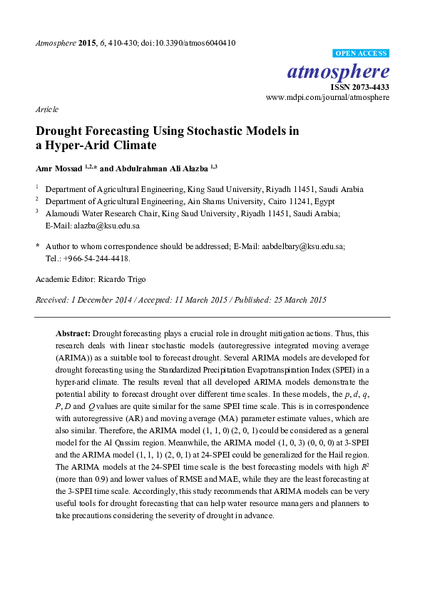 Pdf Drought Forecasting Using Stochastic Models In A Hyper Arid Climate