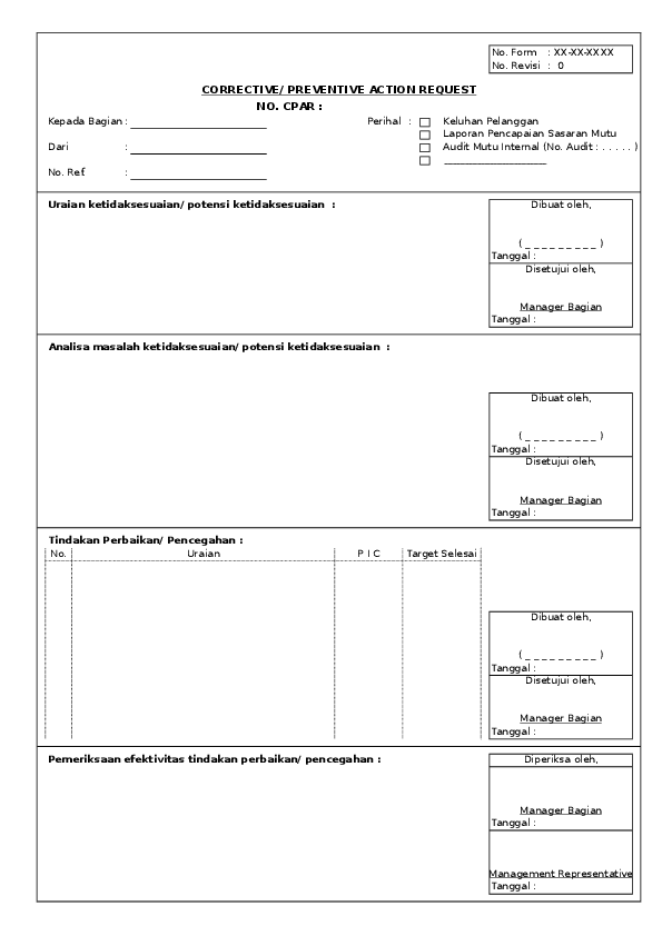 example form Corrective Preventif Action