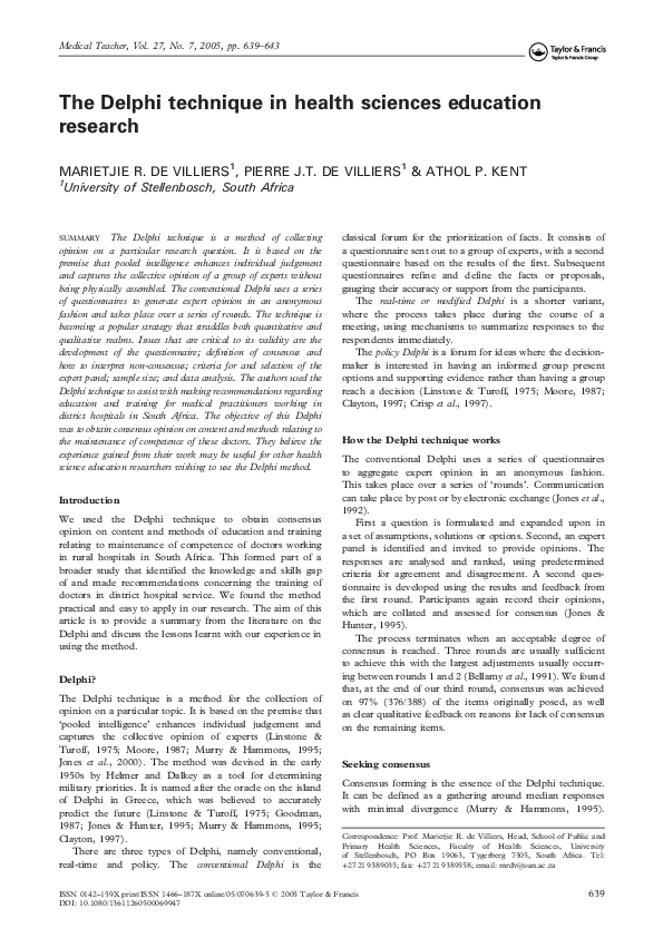 (PDF) The Delphi technique in health sciences education research
