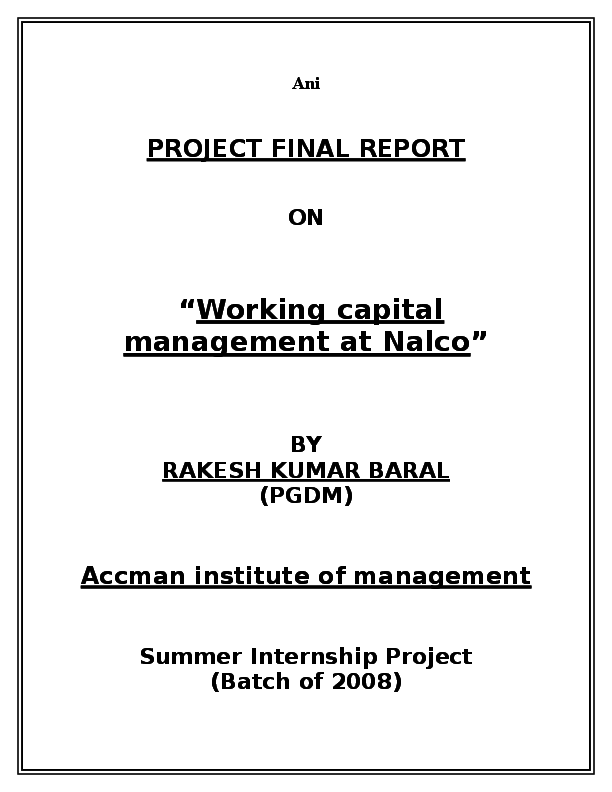 (DOC) PROJECT FINAL REPORT " Working capital management at Nalco ...