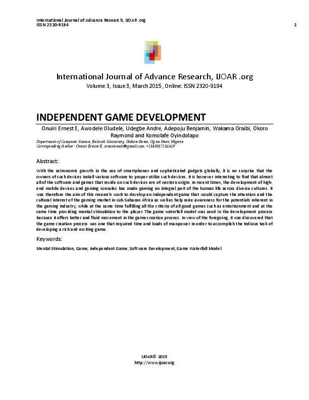 (PDF) INDEPENDENT GAME DEVELOPMENT