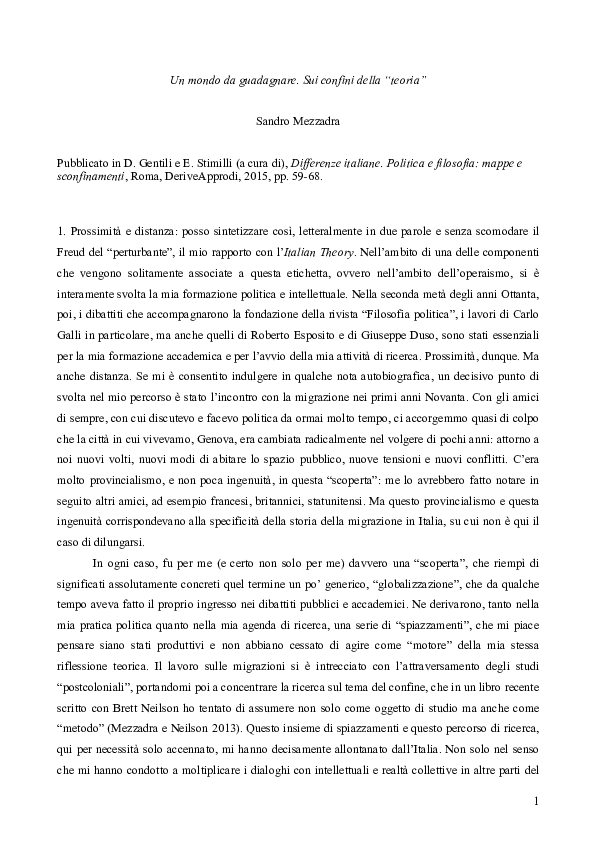 (PDF) Un mondo da guadagnare. Sui confini della “teoria” (a proposito ...
