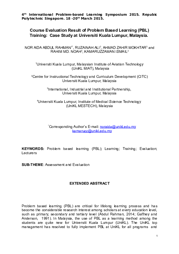 (DOC) Course Evaluation Result of Problem Based Learning (PBL) Training: Case Study at ...