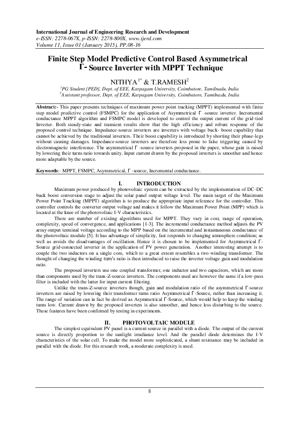 (PDF) Finite Step Model Predictive Control Based Asymmetrical Source Inverter with MPPT Technique