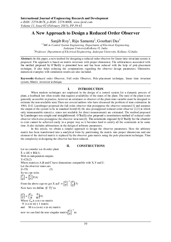 (PDF) A New Approach to Design a Reduced Order Observer