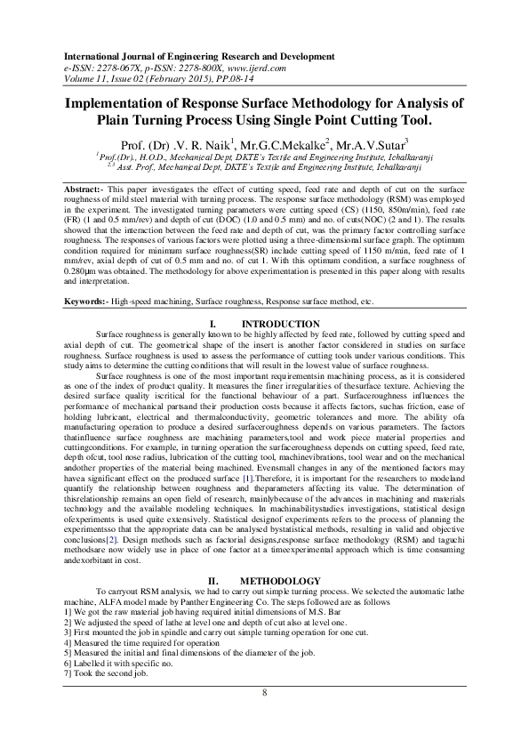 Pdf Implementation Of Response Surface Methodology For Analysis Of Plain Turning Process Using