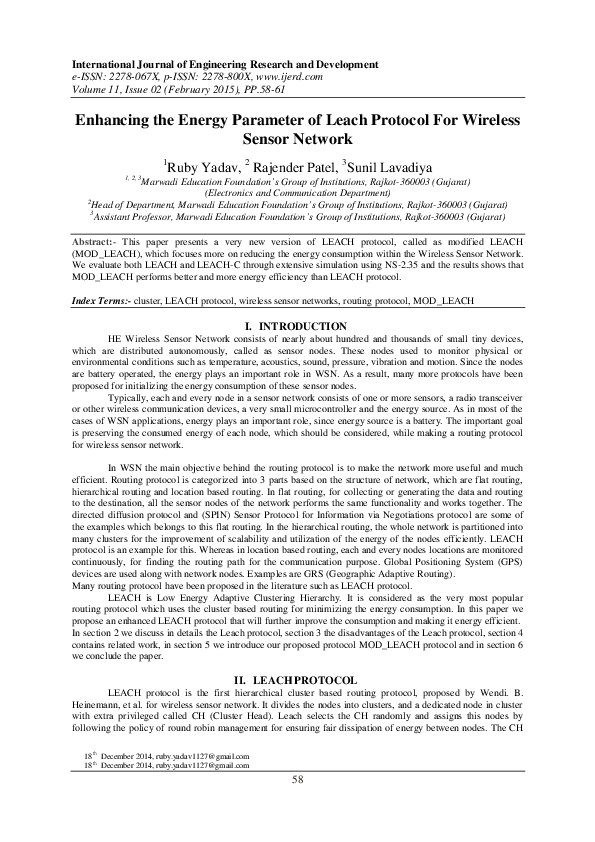 Pdf Enhancing The Energy Parameter Of Leach Protocol For Wireless Sensor Network 5544