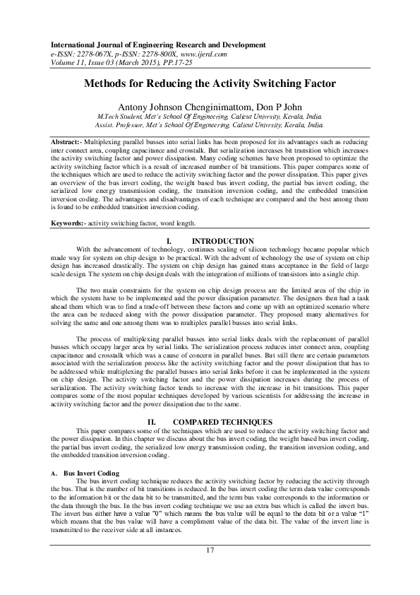 Pdf Methods For Reducing The Activity Switching Factor Ijerd Editor