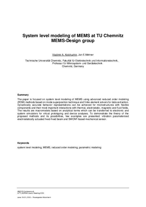 Pdf System Level Modeling Of Mems At Tu Chemnitz Mems Design Group