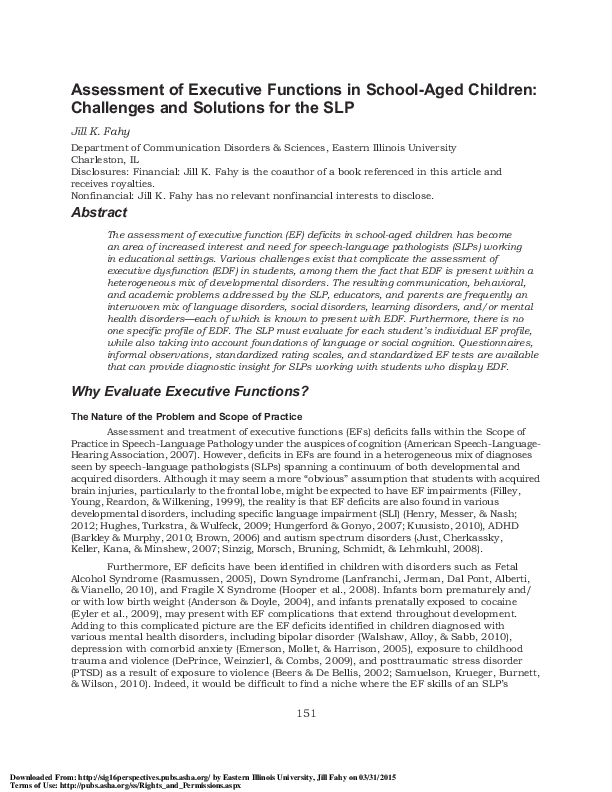 (PDF) Assessment of Executive Functions in School-Aged Children: Challenges and Solutions for ...