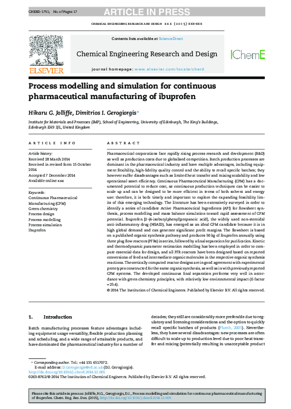 (PDF) Process modelling and simulation for continuous pharmaceutical ...