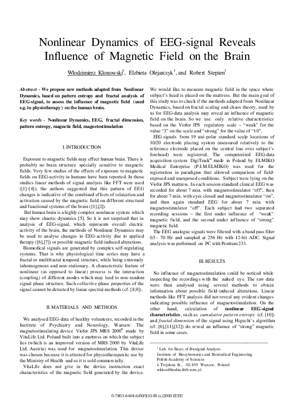 (PDF) Nonlinear dynamics of EEG-signal reveals influence of magnetic field on the brain